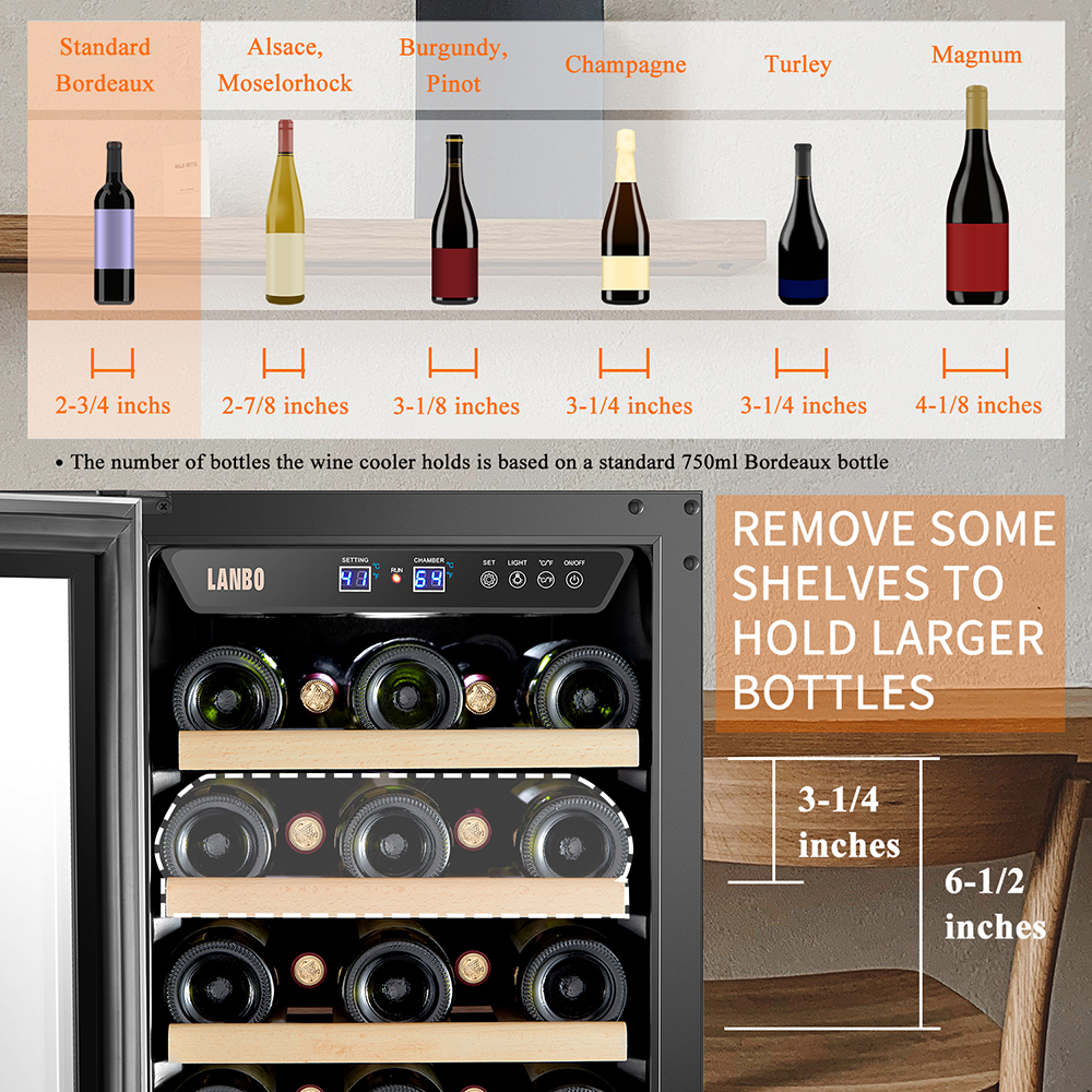 LANBO Small Wine Cellar Refrigerator 33 Bottles Under Counter Compressor Wine Cooler Black and Stainless Steel Trim